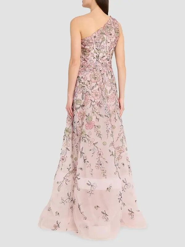Rickie Freeman For Teri Jon Floral-embroidered One-shoulder Tulle Gown