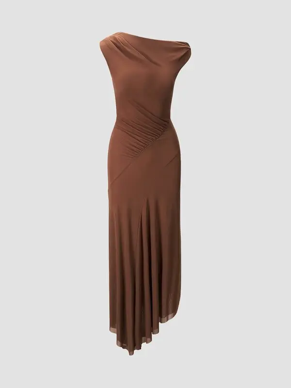 Staud Amaris Ruched Mesh Asymmetric Maxi Dress
