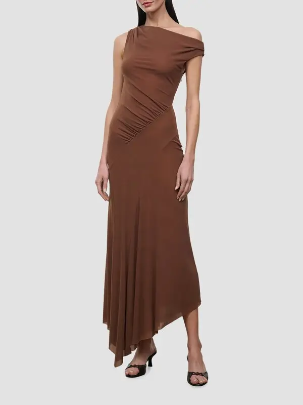Staud Amaris Ruched Mesh Asymmetric Maxi Dress