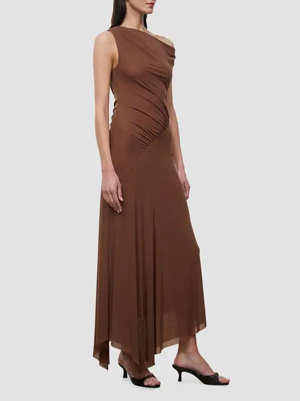 Staud Amaris Ruched Mesh Asymmetric Maxi Dress