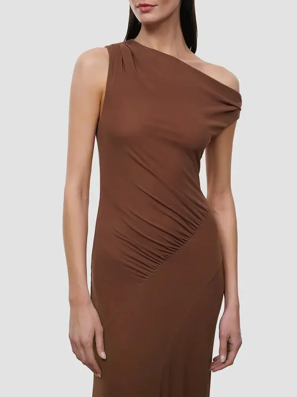 Staud Amaris Ruched Mesh Asymmetric Maxi Dress