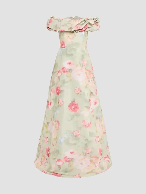 Rickie Freeman For Teri Jon Floral Off-the-shoulder Taffeta A-line Gown - Mint Mult
