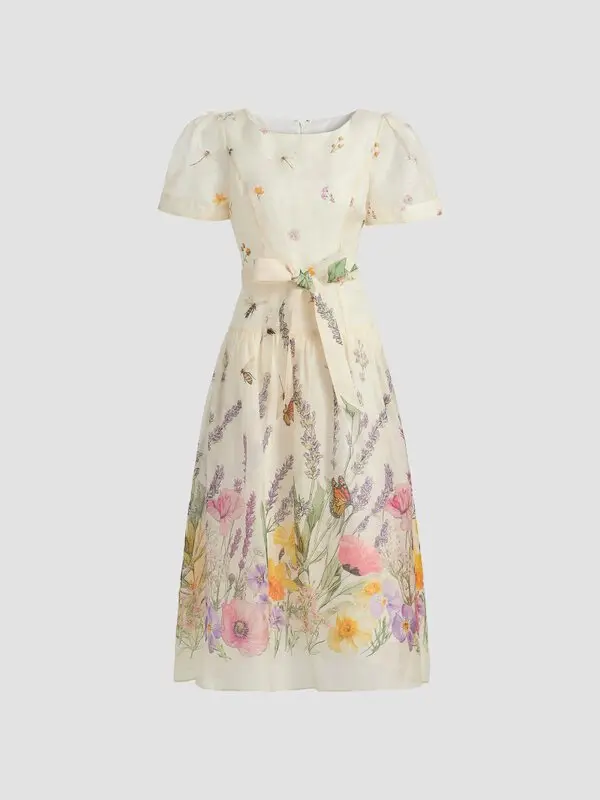 Rickie Freeman For Teri Jon Floral-print Linen-silk Midi-dress - Ivory Multi