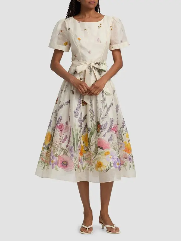 Rickie Freeman For Teri Jon Floral-print Linen-silk Midi-dress