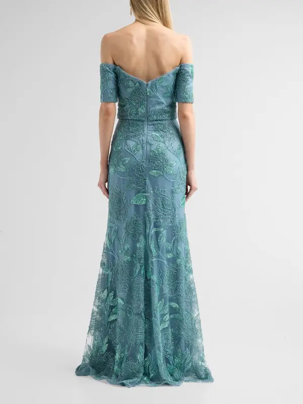 Theia Turin Floral Beaded Off-the-shoulder Gown