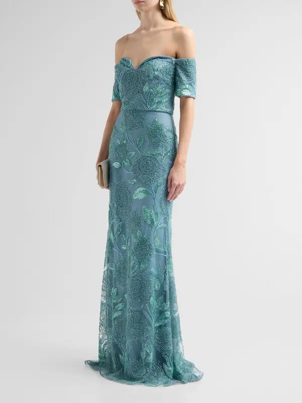 Theia Turin Floral Beaded Off-the-shoulder Gown