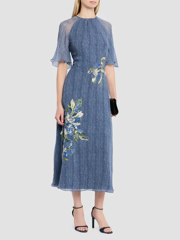 Rickie Freeman For Teri Jon Sequined Floral Silk Chiffon Midi Dress