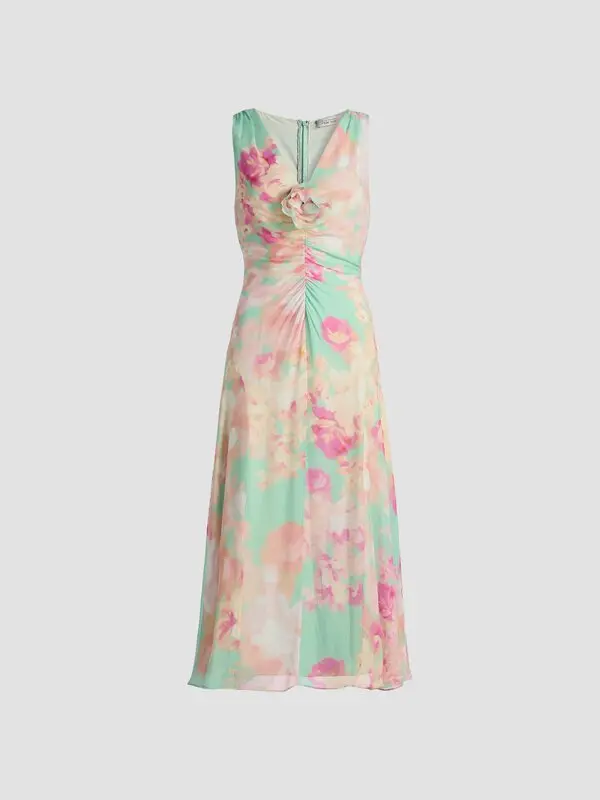 Rickie Freeman For Teri Jon Floral Silk Chiffon Ruched-front Midi-dress