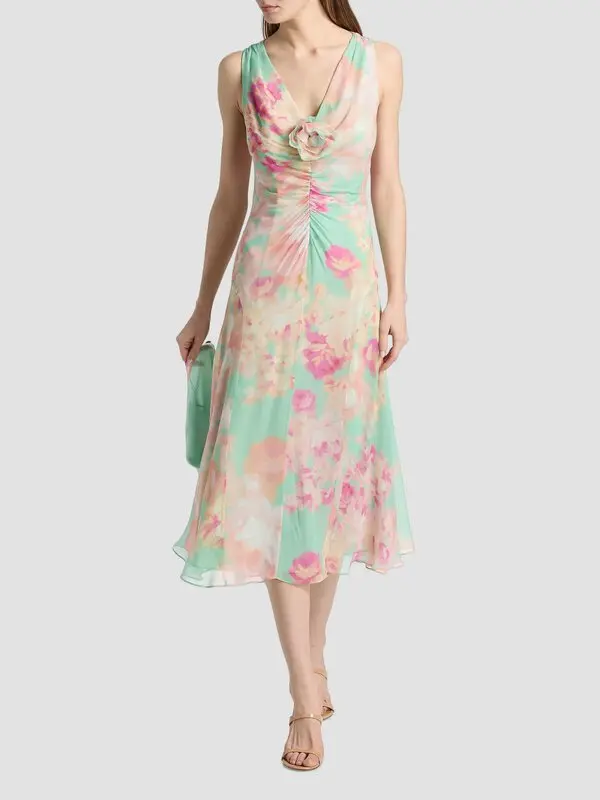 Rickie Freeman For Teri Jon Floral Silk Chiffon Ruched-front Midi-dress
