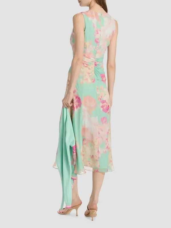 Rickie Freeman For Teri Jon Floral Silk Chiffon Ruched-front Midi-dress
