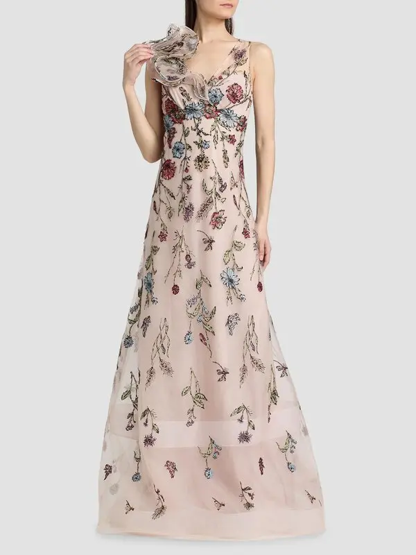 Rickie Freeman For Teri Jon Embroidered Tulle Self Flower Gown