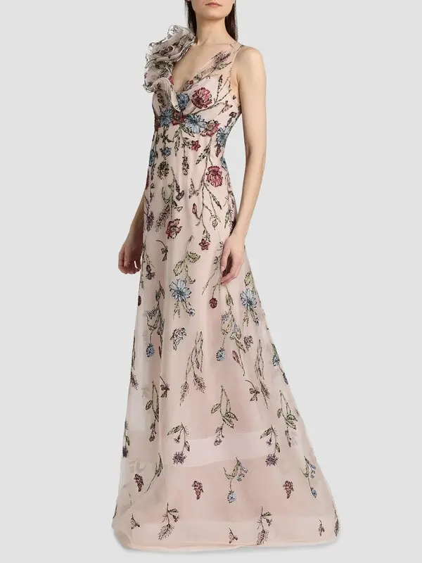 Rickie Freeman For Teri Jon Embroidered Tulle Self Flower Gown