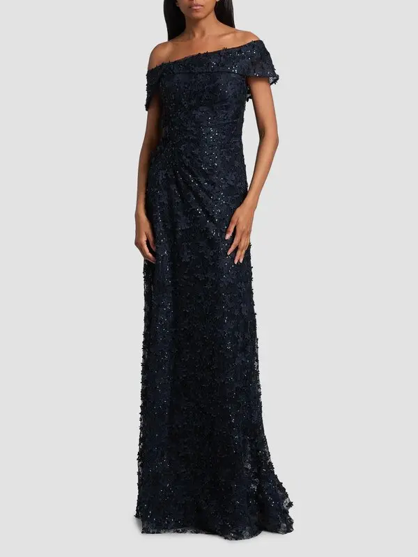 Rickie Freeman For Teri Jon Sequined 3d Lace Off-the-shoulder Gown