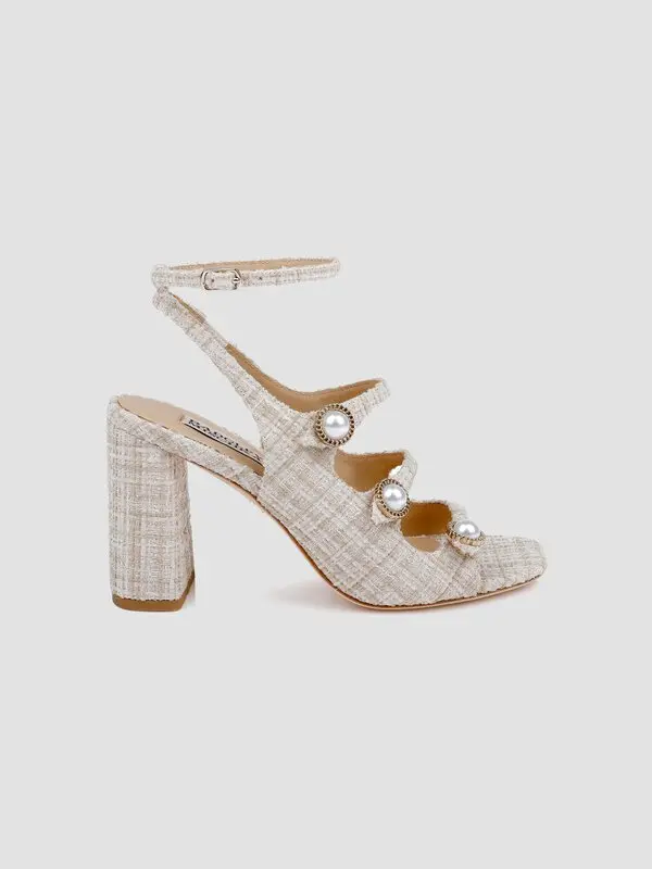 Badgley Mischka Vella 85mm Tweed Block-heel Sandals - Cream Multi