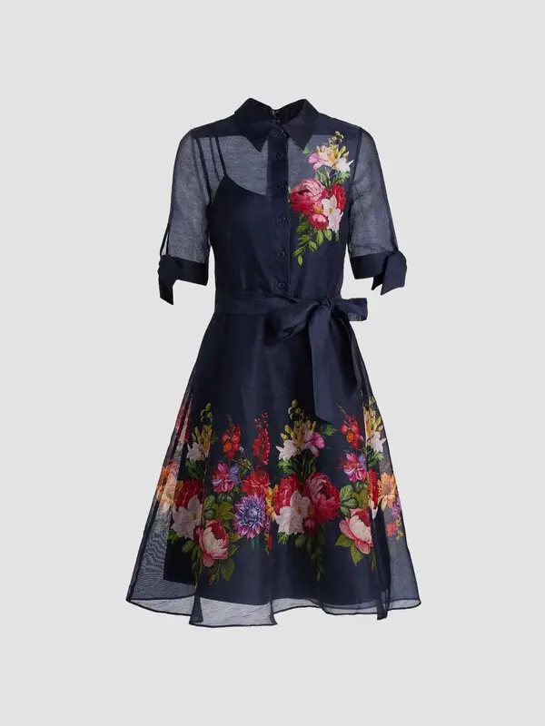Rickie Freeman For Teri Jon Floral Linen-silk Knee-length Shirtdress - Navy Multi