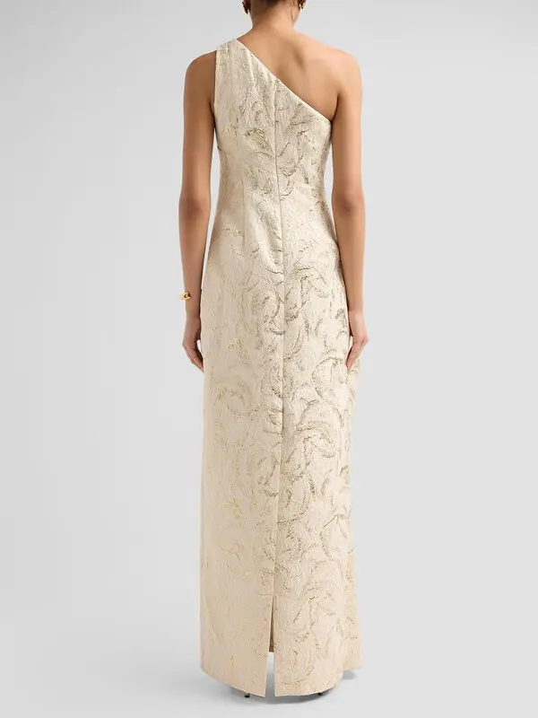 Rickie Freeman For Teri Jon Metallic Jacquard One-shoulder Draped Asymmetric Peplum Gown