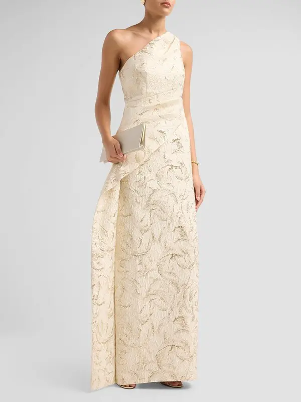 Rickie Freeman For Teri Jon Metallic Jacquard One-shoulder Draped Asymmetric Peplum Gown