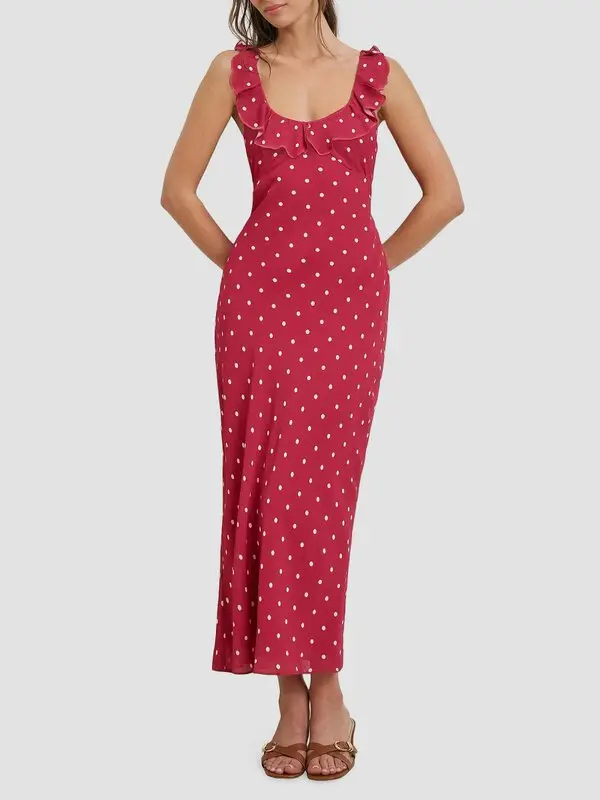 FAVORITE DAUGHTER The Blossom Ruffle Polka Dot Midi-dress