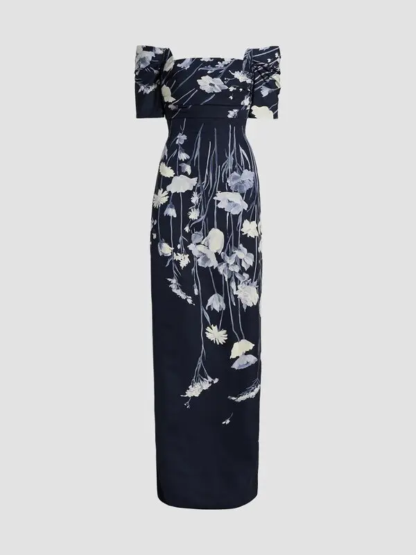 Lela Rose Floral Faille Off-the-shoulder Gown - Navy Multi