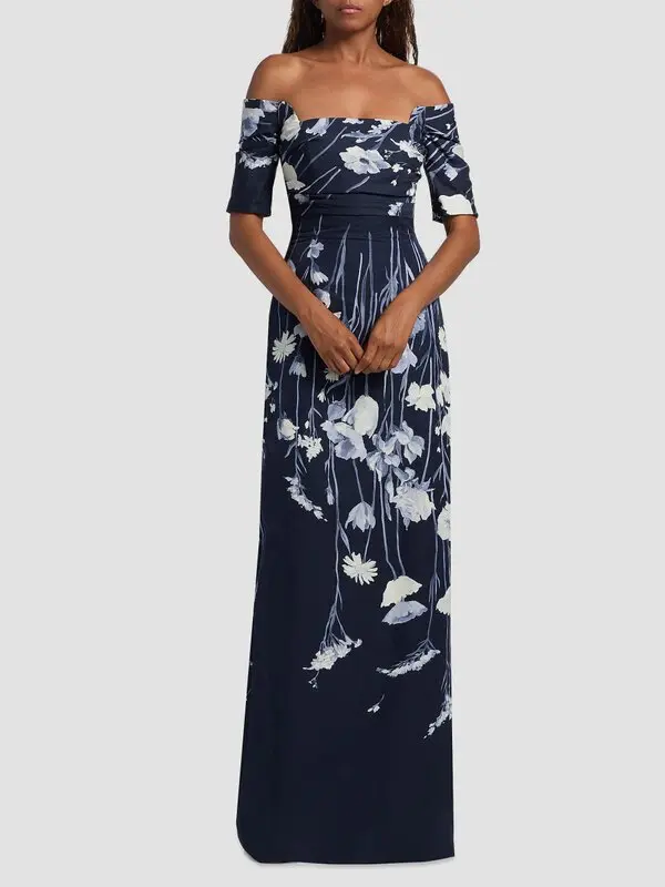 Lela Rose Floral Faille Off-the-shoulder Gown