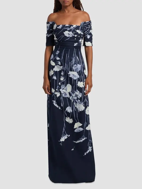 Lela Rose Floral Faille Off-the-shoulder Gown