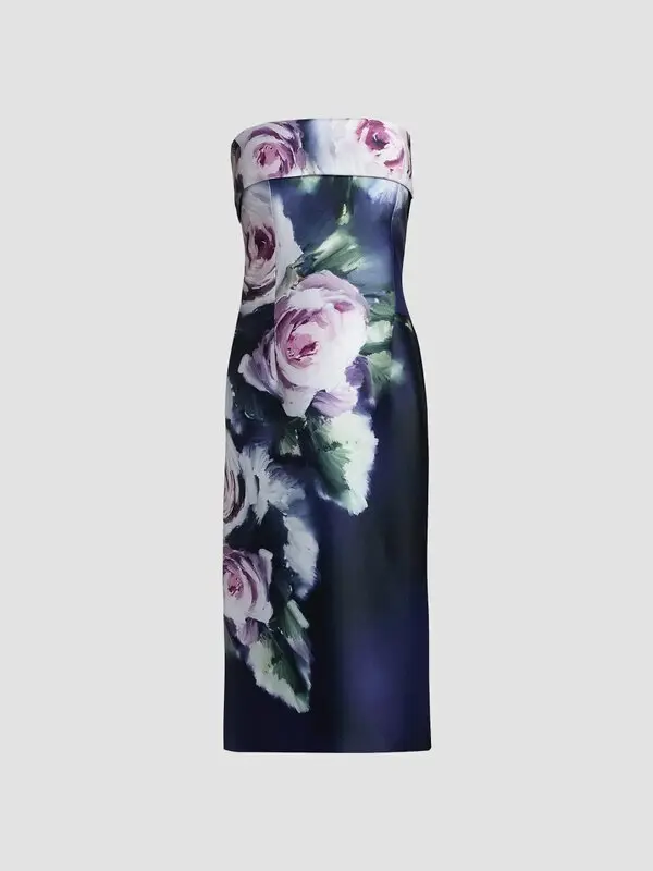 Rickie Freeman For Teri Jon Mikado Floral Strapless Midi-dress - Navy Multi