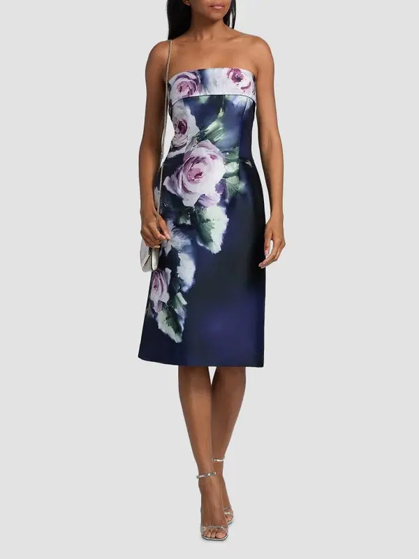 Rickie Freeman For Teri Jon Mikado Floral Strapless Midi-dress