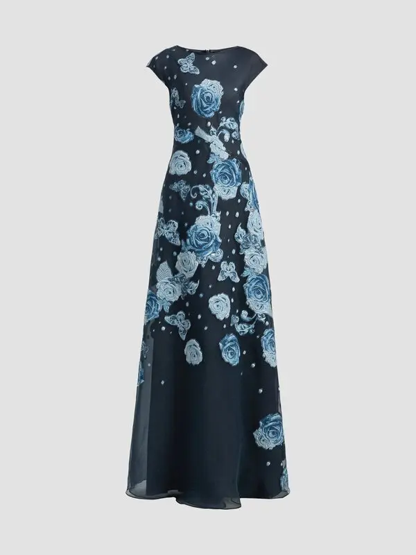 Rickie Freeman For Teri Jon Organza Jacquard Gown - Navy Multi