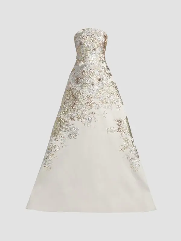 Rickie Freeman For Teri Jon Strapless Metallic Jacquard A-line Gown - Beige Multi