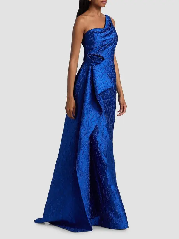 Rickie Freeman For Teri Jon 3d Floral Tonal Jacquard One-shoulder Gown