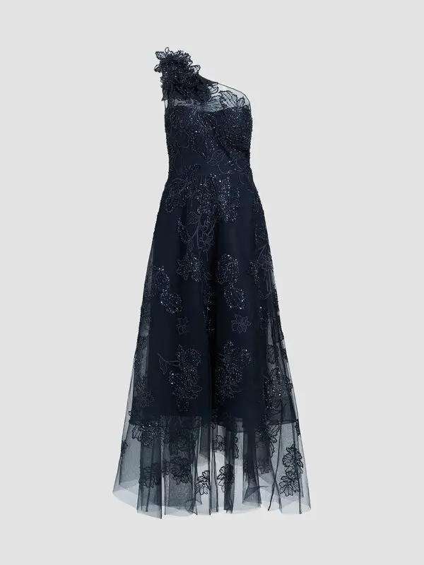Rickie Freeman For Teri Jon Flower Embellished One-shoulder Tea-length Dress