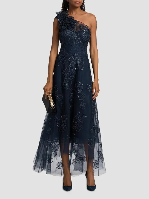 Rickie Freeman For Teri Jon Flower Embellished One-shoulder Tea-length Dress