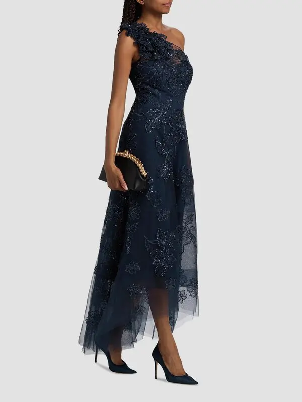 Rickie Freeman For Teri Jon Flower Embellished One-shoulder Tea-length Dress