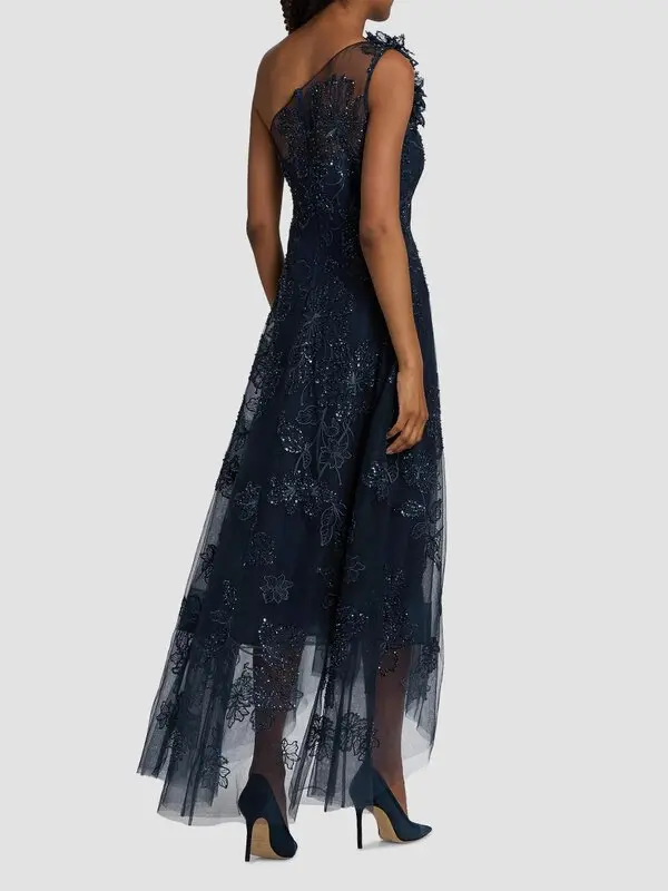 Rickie Freeman For Teri Jon Flower Embellished One-shoulder Tea-length Dress
