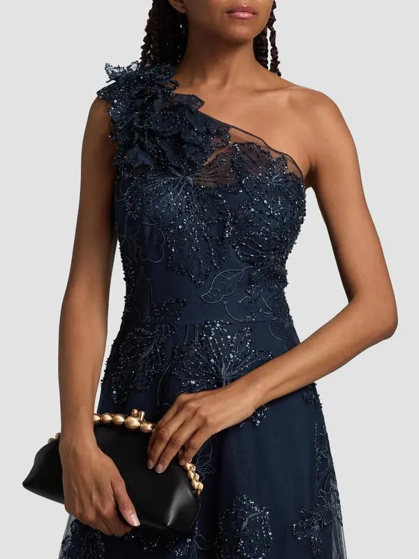 Rickie Freeman For Teri Jon Flower Embellished One-shoulder Tea-length Dress