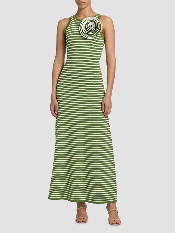 Lela Rose Rosette Striped Sleeveless Maxi Dress