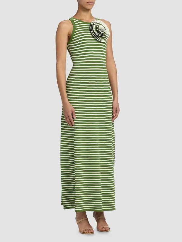 Lela Rose Rosette Striped Sleeveless Maxi Dress
