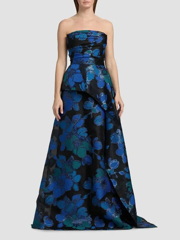 Rickie Freeman For Teri Jon Floral Jacquard Peplum Strapless Gown