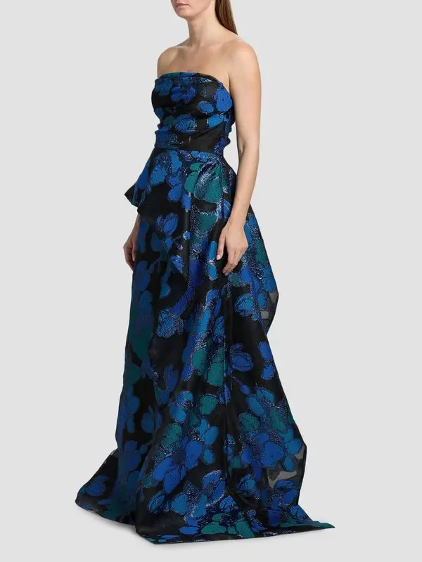 Rickie Freeman For Teri Jon Floral Jacquard Peplum Strapless Gown