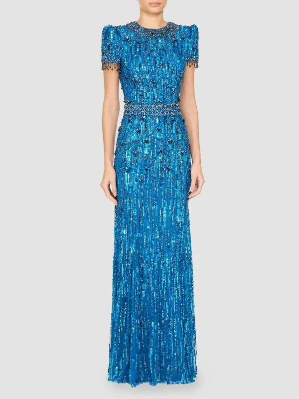 Jenny Packham Roxy Embellished Fringe Column Gown