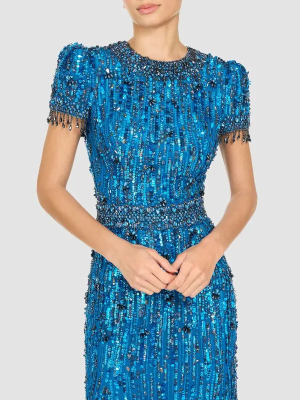 Jenny Packham Roxy Embellished Fringe Column Gown