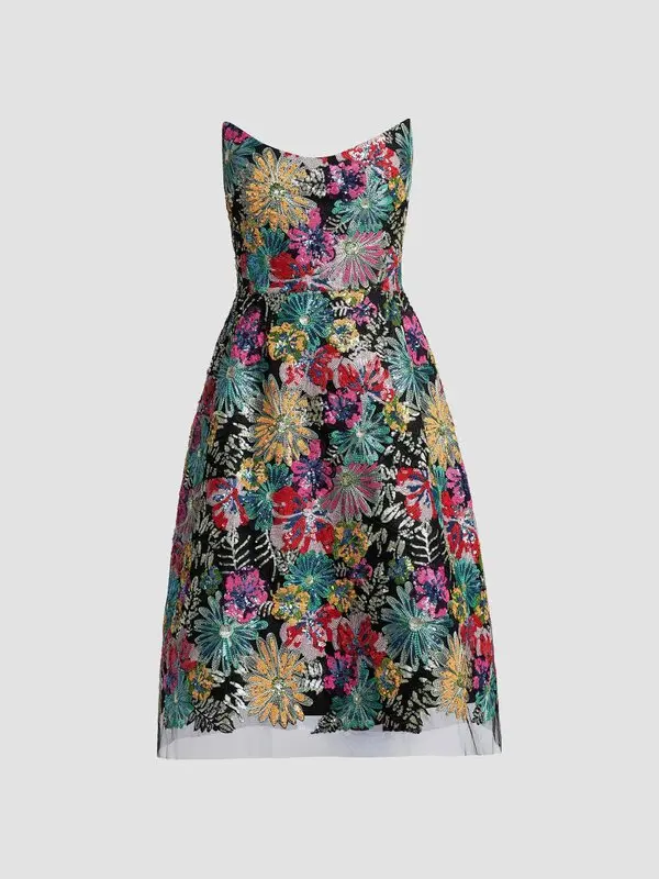 Rickie Freeman For Teri Jon Floral Sequinned Embroidered Tulle Cocktail Dress - Black Multi