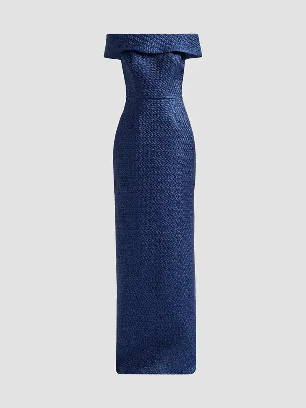 Rickie Freeman For Teri Jon Basket Weave Jacquard Off-the-shoulder Column Gown