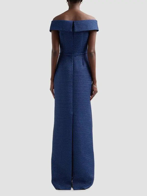 Rickie Freeman For Teri Jon Basket Weave Jacquard Off-the-shoulder Column Gown