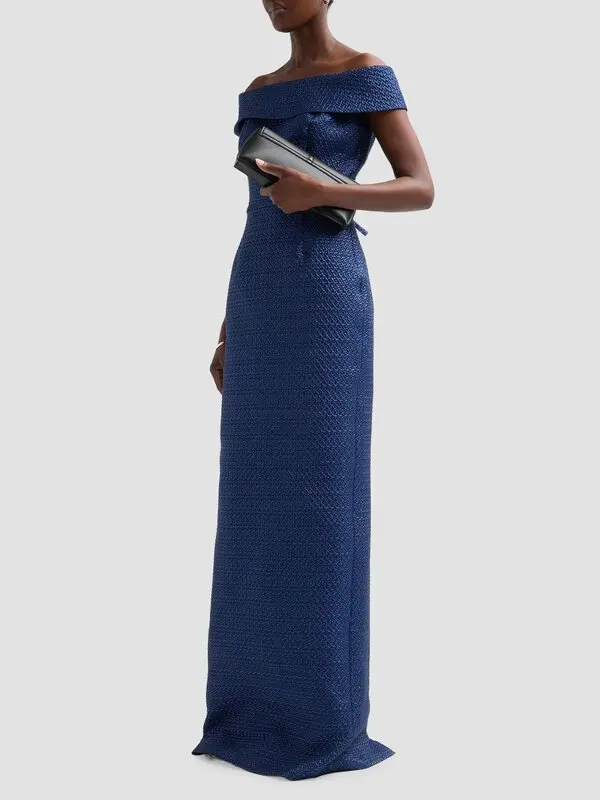 Rickie Freeman For Teri Jon Basket Weave Jacquard Off-the-shoulder Column Gown