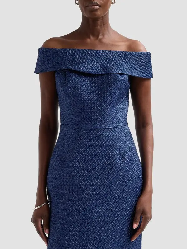 Rickie Freeman For Teri Jon Basket Weave Jacquard Off-the-shoulder Column Gown