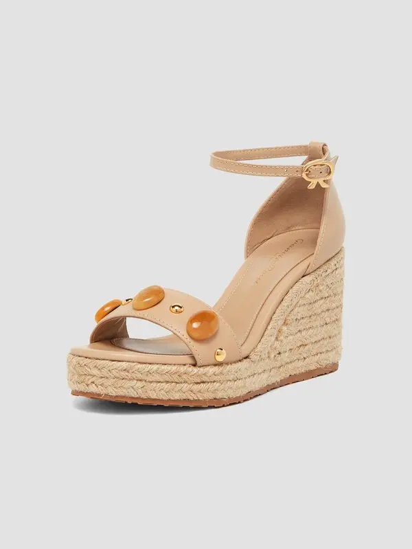 GIANVITO ROSSI 70mm Embellished Leather & Raffia Platform Wedge Sandals