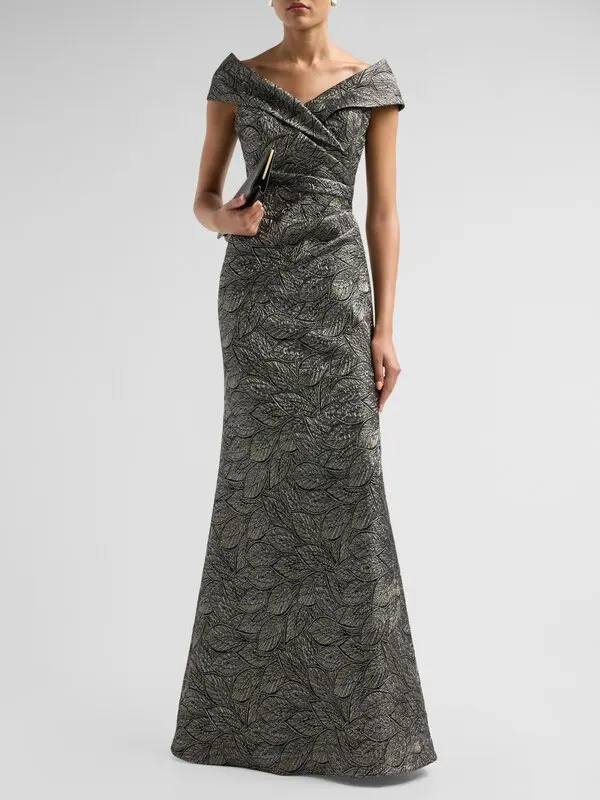 Rickie Freeman For Teri Jon Leaf Pattern Jacquard Off-the-shoulder Gown