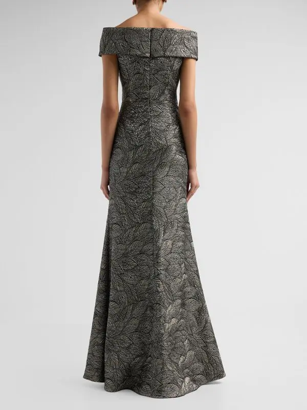 Rickie Freeman For Teri Jon Leaf Pattern Jacquard Off-the-shoulder Gown