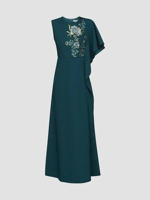 KAY UNGER Alisha Floral-embroidered Caftan Gown - Deep Teal